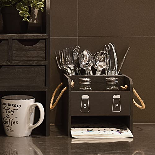 Ikee Design Wooden Utensil Caddy Flatware Holder with Handles - Utensil Holder for Spoons, Knives, Forks, Salt Pepper Shakers, Napkins for Dining Room, Restaurant and Kitchen, 7.13”W x 6.63”D x 7.5”H