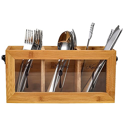 JEKUGOT Bamboo Utensil Cutlery Holder,Kitchen Tableware Storage Box,Silverware Caddy Organizer Bin Holder for Forks, Spoons, Knives,Perfect for Kitchen Countertop