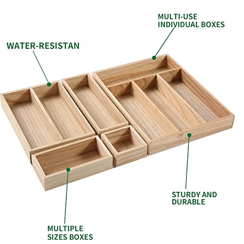 TENIBYC Drawer Organizer, Wood Drawer Organizer Utensil Tray, Silverware Organizer, utensil organizer Storage Box with Various Sizes for Office, Kitchen, Bedroom, Bathroo(5 Boxes)