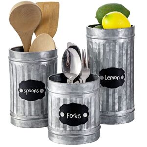 mygift rustic galvanized corrugated metal utensil holder storage canister with vintage chalkboard label, 3 piece set