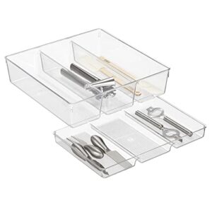 mdesign plastic kitchen drawer organizer tray set – horizontal storage bin for organizing cutlery, flatware, silverware, utensil, and appliances – 12″ long – ligne collection – clear