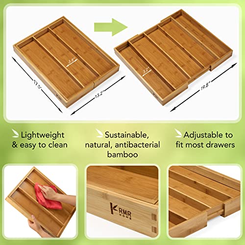 Premium Bamboo Silverware Organizer - Expandable Kitchen Drawer Organizer and Utensil Organizer, Perfect Size Cutlery Tray with Drawer Dividers for Kitchen Utensils and Flatware (3-5 Slots) (Natural)