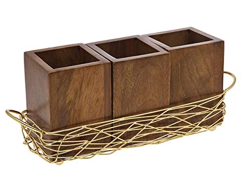 Godinger Wooden Three Section Cutlery Caddy Organizer, Nest Collection - Gold