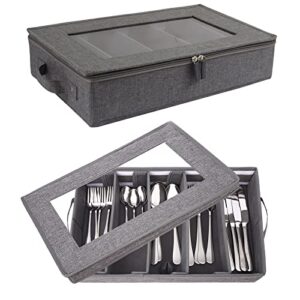 flatware utensil storage case, silverware storage box chest with adjustable dividers, cutlery storage holder with zipper lid for organizing cutlery, flatware, knives, large capacity gray