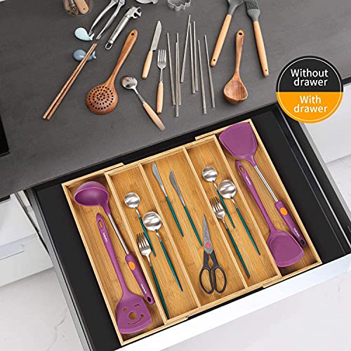 Utoplike 4 pcs Bamboo Kitchen Drawer Dividers 16.8-21.8IN) and Bamboo Expandable Kitchen Drawer Organizer, Adjustable Utensil Holder Set