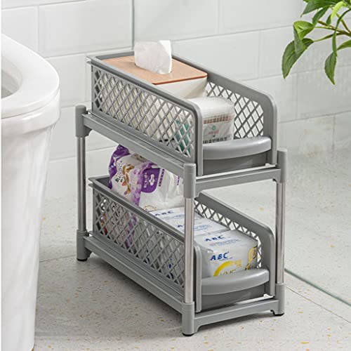 CHDHALTD Stainless Steel Sliding Cabinet Basket, Kitchen Organizer Under Sink Drawer Mesh Storage Rack with Pull for Bathroom Desktop Shelf(Grey)