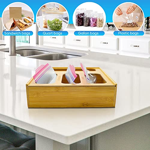 HAMMER CREATIONS Bamboo Wall Mount Zip Lock Sandwich Bag Organizer, Quart & Gallon Bags, Organize Drawer, Wood Variety Food Baggie Storage Dispenser Compatible with Ziploc, Solimo, Glad, Hefty Baggies