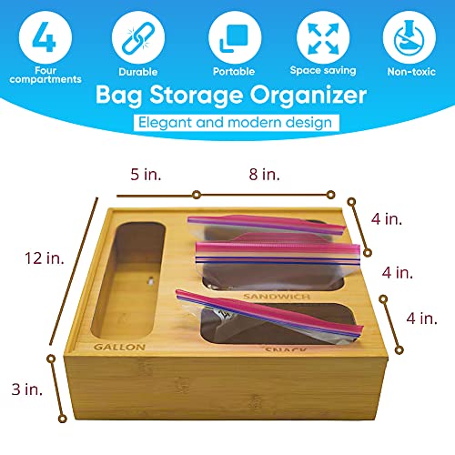 HAMMER CREATIONS Bamboo Wall Mount Zip Lock Sandwich Bag Organizer, Quart & Gallon Bags, Organize Drawer, Wood Variety Food Baggie Storage Dispenser Compatible with Ziploc, Solimo, Glad, Hefty Baggies