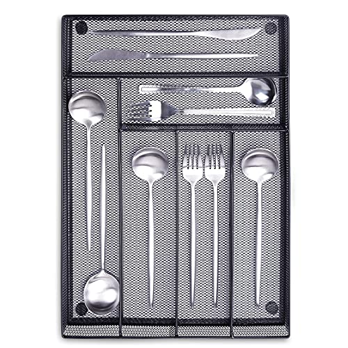 WuGeShop 6 Compartments Metal Mesh Kitchen Flatware Organizer Tray, Silverware Drawer Organizer/Utensil Holder and Cutlery Tray with Non Slip Mat (Black)