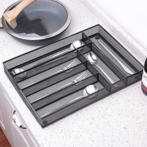 WuGeShop 6 Compartments Metal Mesh Kitchen Flatware Organizer Tray, Silverware Drawer Organizer/Utensil Holder and Cutlery Tray with Non Slip Mat (Black)