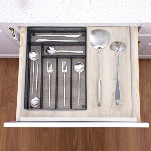 WuGeShop 6 Compartments Metal Mesh Kitchen Flatware Organizer Tray, Silverware Drawer Organizer/Utensil Holder and Cutlery Tray with Non Slip Mat (Black)