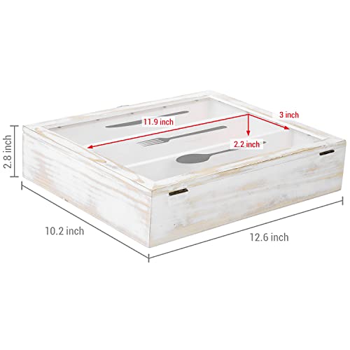 MyGift Rustic Whitewashed Wood Cutlery Tray Case with Acrylic Lid and Latch Lock, Buffet Table Utensils Flatware Server Caddy, Spoon and Fork Holder