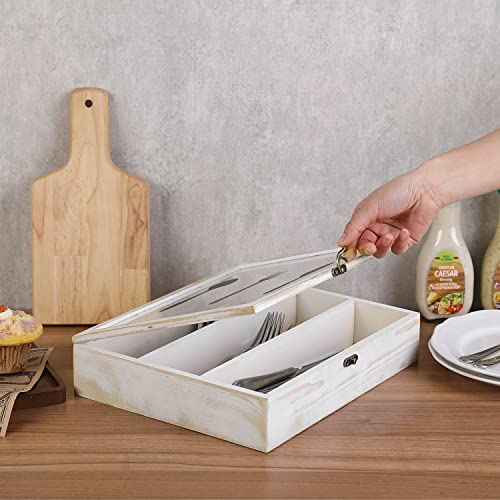 MyGift Rustic Whitewashed Wood Cutlery Tray Case with Acrylic Lid and Latch Lock, Buffet Table Utensils Flatware Server Caddy, Spoon and Fork Holder