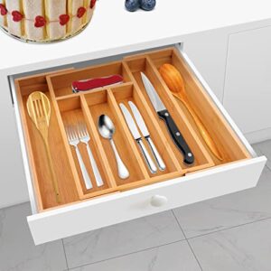 SANPON Bamboo Kitchen Drawer Organizer Expandable Silverware Tray for Drawer Utensil Tray Flatware Drawer Organizer 5-7 Slots