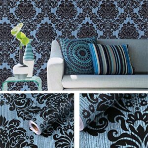 TaoGift Self Adhesive Vinyl Damask Contact Paper Shelf Drawer Liner for Kitchen Cabinets Closet Furniture Wall Door Crafts Decor Sticker (Black-Blue, 17.7x117 Inches)