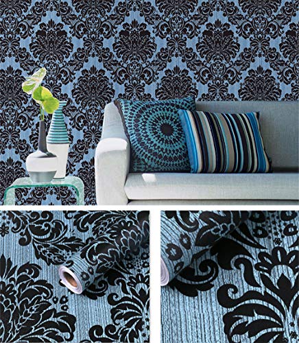 TaoGift Self Adhesive Vinyl Damask Contact Paper Shelf Drawer Liner for Kitchen Cabinets Closet Furniture Wall Door Crafts Decor Sticker (Black-Blue, 17.7x117 Inches)