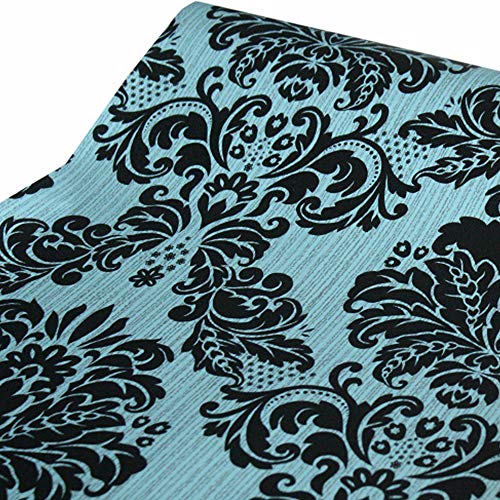 TaoGift Self Adhesive Vinyl Damask Contact Paper Shelf Drawer Liner for Kitchen Cabinets Closet Furniture Wall Door Crafts Decor Sticker (Black-Blue, 17.7x117 Inches)