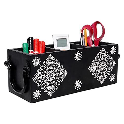 Mela Artisans 3-Slot Wooden Desk Organizer – “Mehndi” Utensil Caddy for Kitchen Countertop, Desk, & More - Dark Grey Cutlery Caddy w/ Black Powder Coating Handle -Office Supplies Organizer -13”x5”x5