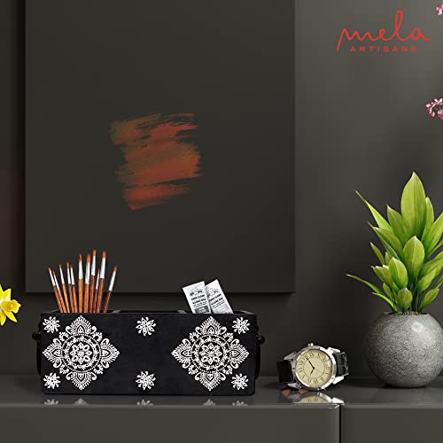 Mela Artisans 3-Slot Wooden Desk Organizer – “Mehndi” Utensil Caddy for Kitchen Countertop, Desk, & More - Dark Grey Cutlery Caddy w/ Black Powder Coating Handle -Office Supplies Organizer -13”x5”x5