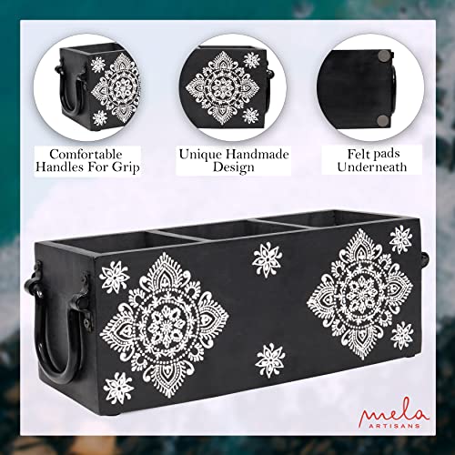 Mela Artisans 3-Slot Wooden Desk Organizer – “Mehndi” Utensil Caddy for Kitchen Countertop, Desk, & More - Dark Grey Cutlery Caddy w/ Black Powder Coating Handle -Office Supplies Organizer -13”x5”x5