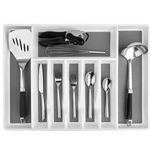 livorini expandable kitchen drawer flatware organizer | large plastic silverware tray organizers | adjustable kitchen organization for cutlery & utensils holder, white non-slip drawer dividers