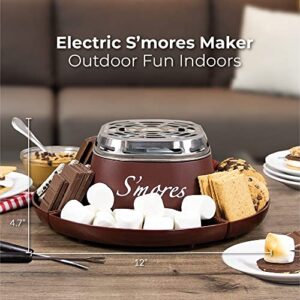 Nostalgia Indoor Electric S'mores Maker - Smores Kit - 4 Compartment Trays - Movie Night Supplies - Balcony Decor - Brown