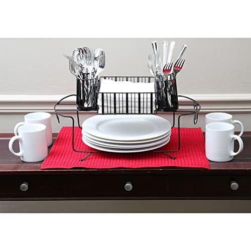 HOME DISTRICT Buffet Caddy for Plates, Utensils, Napkins 2 Tier Silverware Holder Dinner Plate Holder, Black Metal with Scroll Design