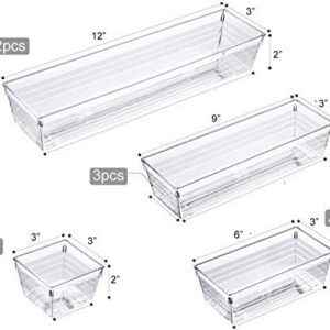 15 PCS Clear Plastic Drawer Organizer Tray for Makeup, Kitchen Utensils, Jewelries, and Gadgets