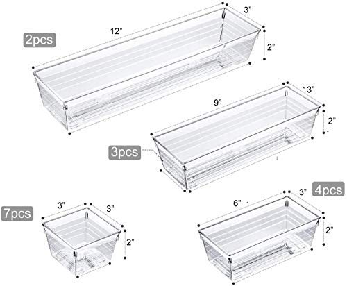 15 PCS Clear Plastic Drawer Organizer Tray for Makeup, Kitchen Utensils, Jewelries, and Gadgets