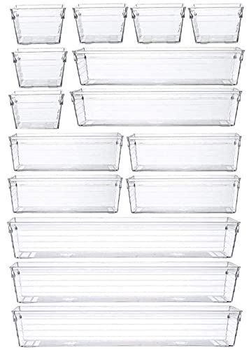 15 PCS Clear Plastic Drawer Organizer Tray for Makeup, Kitchen Utensils, Jewelries, and Gadgets