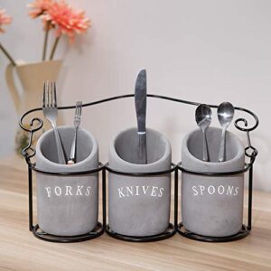 MADECO Kitchen Utensil Holder Set 3 Pieces Cement Utensil Crocks & 1 Portable Wire Caddy - Embossed Design-Organize Your Flatware & Silverware with Ease (Round)