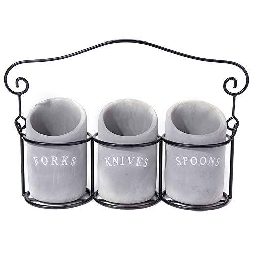 MADECO Kitchen Utensil Holder Set 3 Pieces Cement Utensil Crocks & 1 Portable Wire Caddy - Embossed Design-Organize Your Flatware & Silverware with Ease (Round)