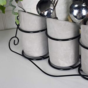 MADECO Kitchen Utensil Holder Set 3 Pieces Cement Utensil Crocks & 1 Portable Wire Caddy - Embossed Design-Organize Your Flatware & Silverware with Ease (Round)