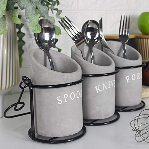 MADECO Kitchen Utensil Holder Set 3 Pieces Cement Utensil Crocks & 1 Portable Wire Caddy - Embossed Design-Organize Your Flatware & Silverware with Ease (Round)