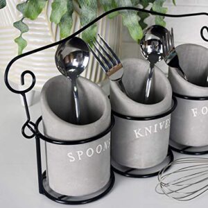 MADECO Kitchen Utensil Holder Set 3 Pieces Cement Utensil Crocks & 1 Portable Wire Caddy - Embossed Design-Organize Your Flatware & Silverware with Ease (Round)