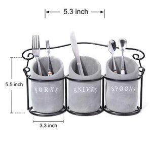 MADECO Kitchen Utensil Holder Set 3 Pieces Cement Utensil Crocks & 1 Portable Wire Caddy - Embossed Design-Organize Your Flatware & Silverware with Ease (Round)