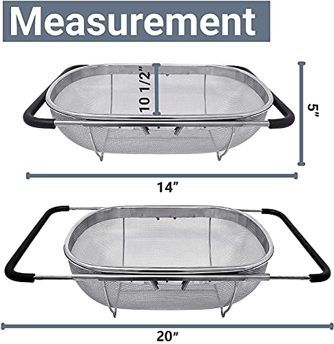 Makerstep Over the Sink Colander Strainer Basket Stainless Steel, For Kitchen Sink with Rubber Grip, Fine Mesh, Large Kitchen Gadgets Tools, Expandable Sink Strainer Home Kitchen Essentials