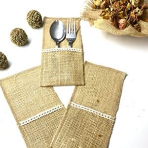 meditroia (Troia Textil(12,Pieces) Burlap Cutlery Holders Lace Utensil Pouch Knifes Forks Bag for Vintage Natural Wedding (4x8inch)