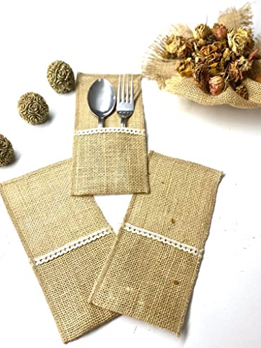 meditroia (Troia Textil(12,Pieces) Burlap Cutlery Holders Lace Utensil Pouch Knifes Forks Bag for Vintage Natural Wedding (4x8inch)