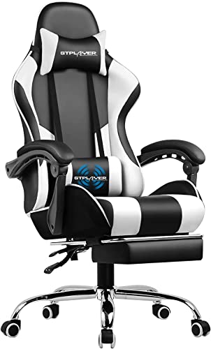 GTPLAYER Gaming Chair, Computer Chair with Footrest and Lumbar Support, Height Adjustable Game Chair with 360°-Swivel Seat and Headrest and for Office or Gaming (White)