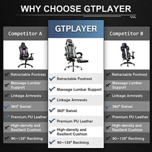 GTPLAYER Gaming Chair, Computer Chair with Footrest and Lumbar Support, Height Adjustable Game Chair with 360°-Swivel Seat and Headrest and for Office or Gaming (White)