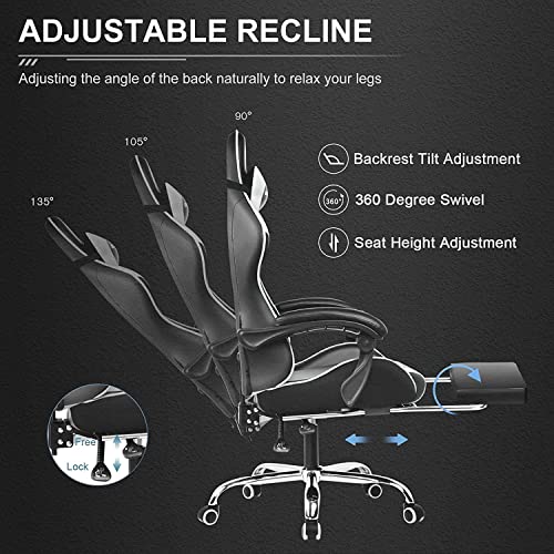 GTPLAYER Gaming Chair, Computer Chair with Footrest and Lumbar Support, Height Adjustable Game Chair with 360°-Swivel Seat and Headrest and for Office or Gaming (White)