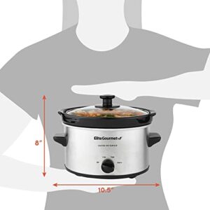 Elite Gourmet MST-275XS Electric Oval Slow Cooker, Adjustable Temp, Entrees, Sauces, Stews & Dips, Dishwasher Safe Glass Lid & Crock (2 Quart, Stainless Steel)