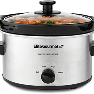 Elite Gourmet MST-275XS Electric Oval Slow Cooker, Adjustable Temp, Entrees, Sauces, Stews & Dips, Dishwasher Safe Glass Lid & Crock (2 Quart, Stainless Steel)