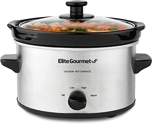 Elite Gourmet MST-275XS Electric Oval Slow Cooker, Adjustable Temp, Entrees, Sauces, Stews & Dips, Dishwasher Safe Glass Lid & Crock (2 Quart, Stainless Steel)