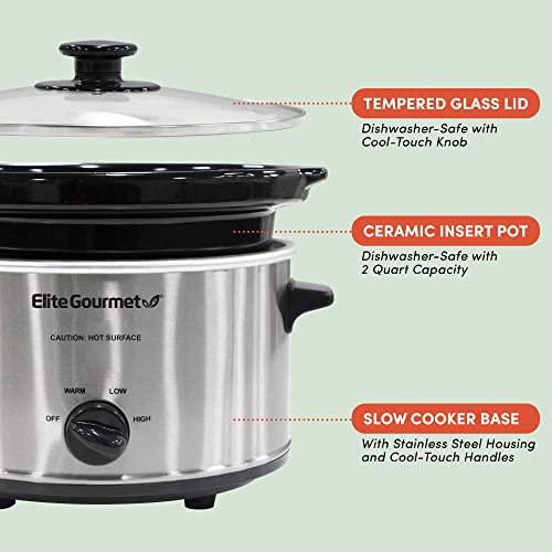 Elite Gourmet MST-275XS Electric Oval Slow Cooker, Adjustable Temp, Entrees, Sauces, Stews & Dips, Dishwasher Safe Glass Lid & Crock (2 Quart, Stainless Steel)