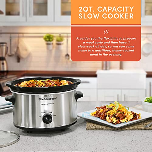 Elite Gourmet MST-275XS Electric Oval Slow Cooker, Adjustable Temp, Entrees, Sauces, Stews & Dips, Dishwasher Safe Glass Lid & Crock (2 Quart, Stainless Steel)