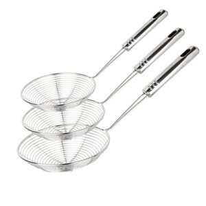 swify set of 3 asian strainer ladle stainless steel wire skimmer spoon with handle for kitchen frying food, pasta, spaghetti, noodle-30.5cm, 32cm, 35cm