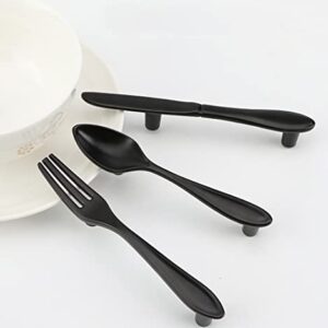 Sinyiol 2Pcs Matte Black Funny Cutlery Tableware Cabinet Pulls,Creative Spoon Fork Knife Shape 3" Hole Center Vintage Kitchen Cupboard Pulls Handles,Cute and Fun (2Pcs, Fork, Matte Black)