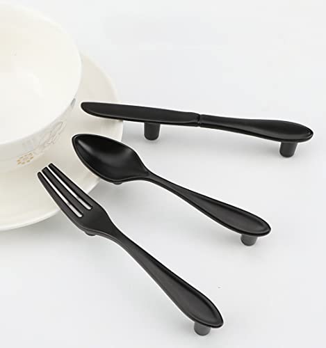 Sinyiol 2Pcs Matte Black Funny Cutlery Tableware Cabinet Pulls,Creative Spoon Fork Knife Shape 3" Hole Center Vintage Kitchen Cupboard Pulls Handles,Cute and Fun (2Pcs, Fork, Matte Black)